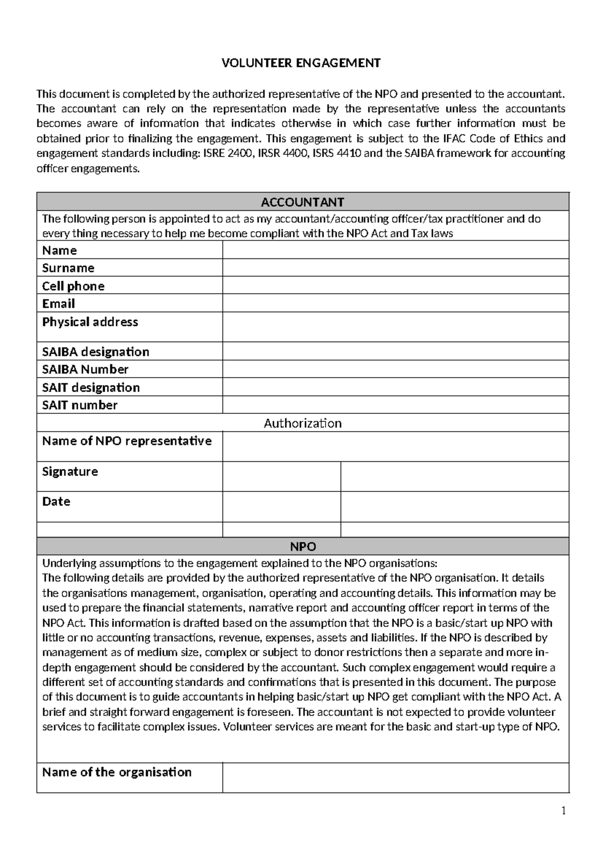 NPO Engagement Form Template for Accounting Compliance - Studocu