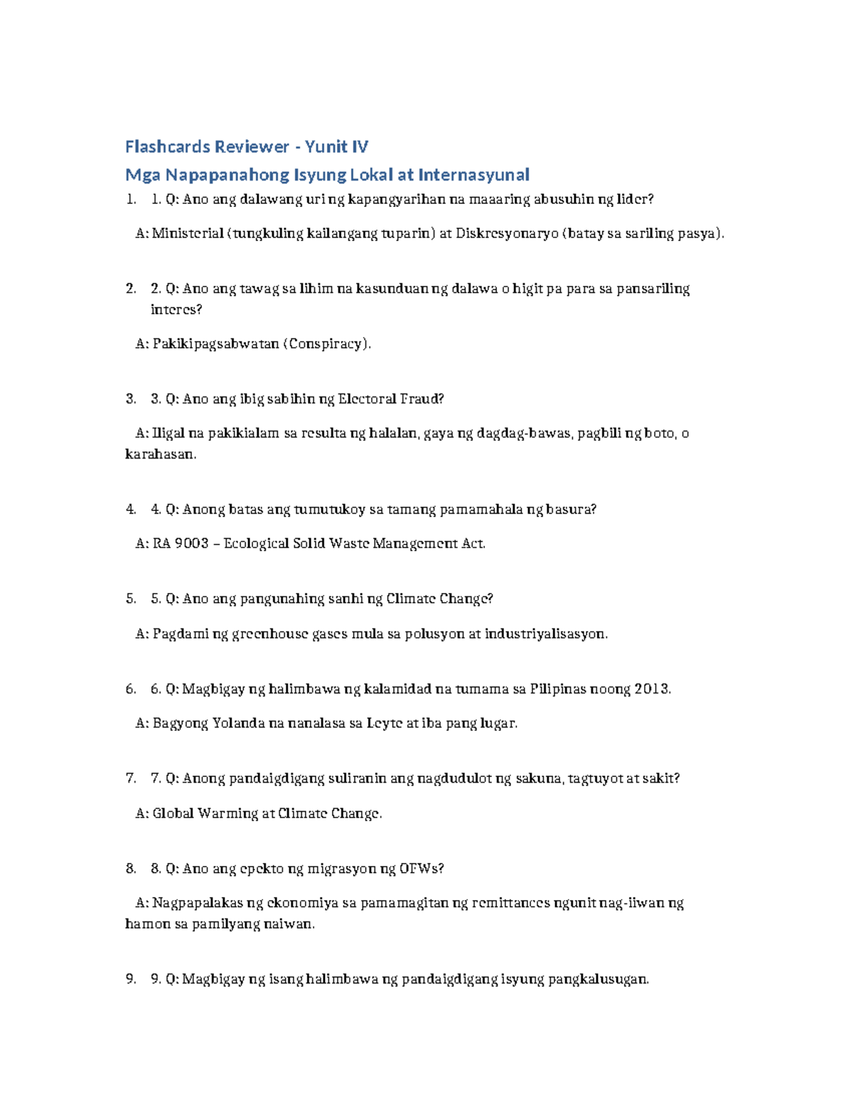 Flashcards Reviewer Yunit IV: Mga Isyung Lokal at Internasyunal - Studocu