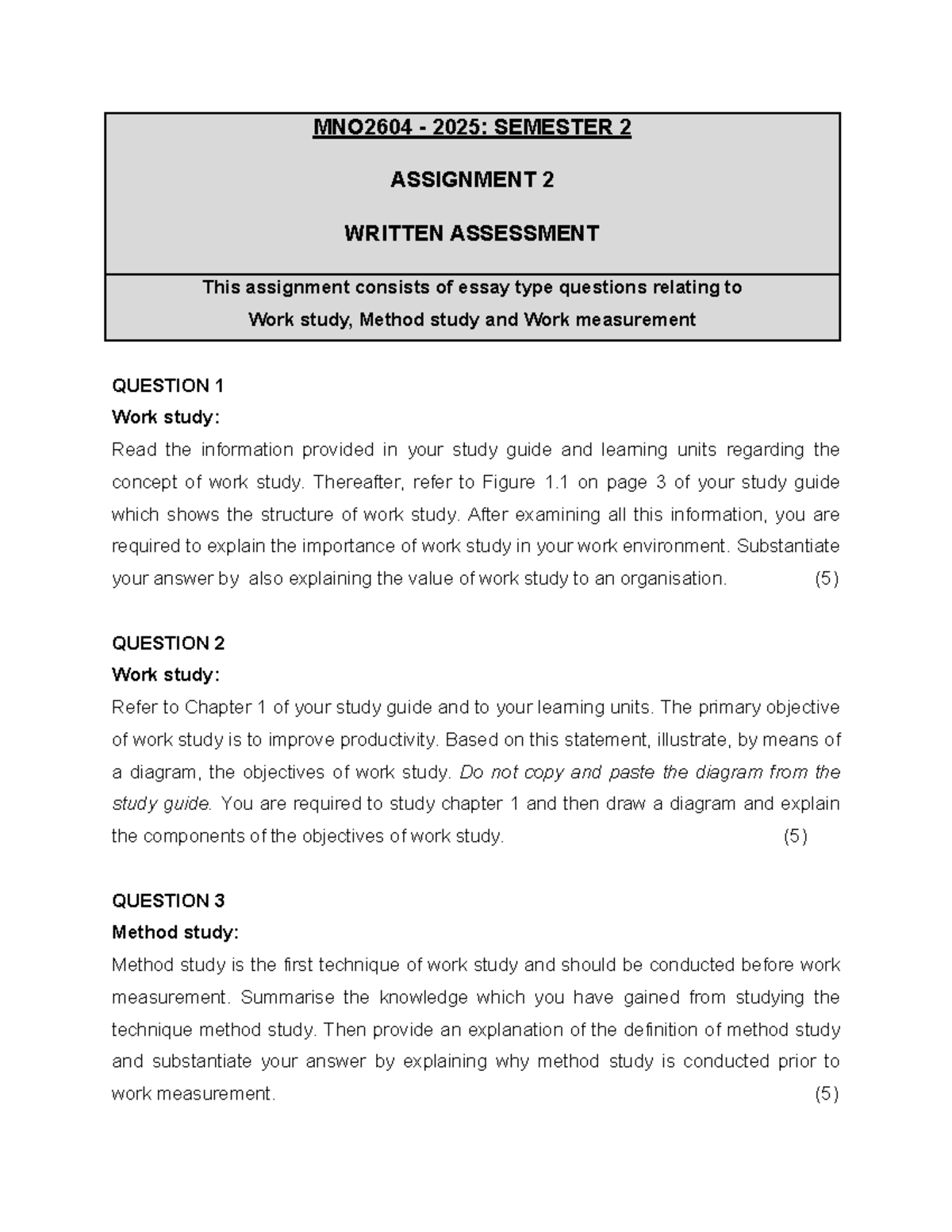 MNO2604 S2 Assignment 2: Work Study & Method Study Insights - Studocu