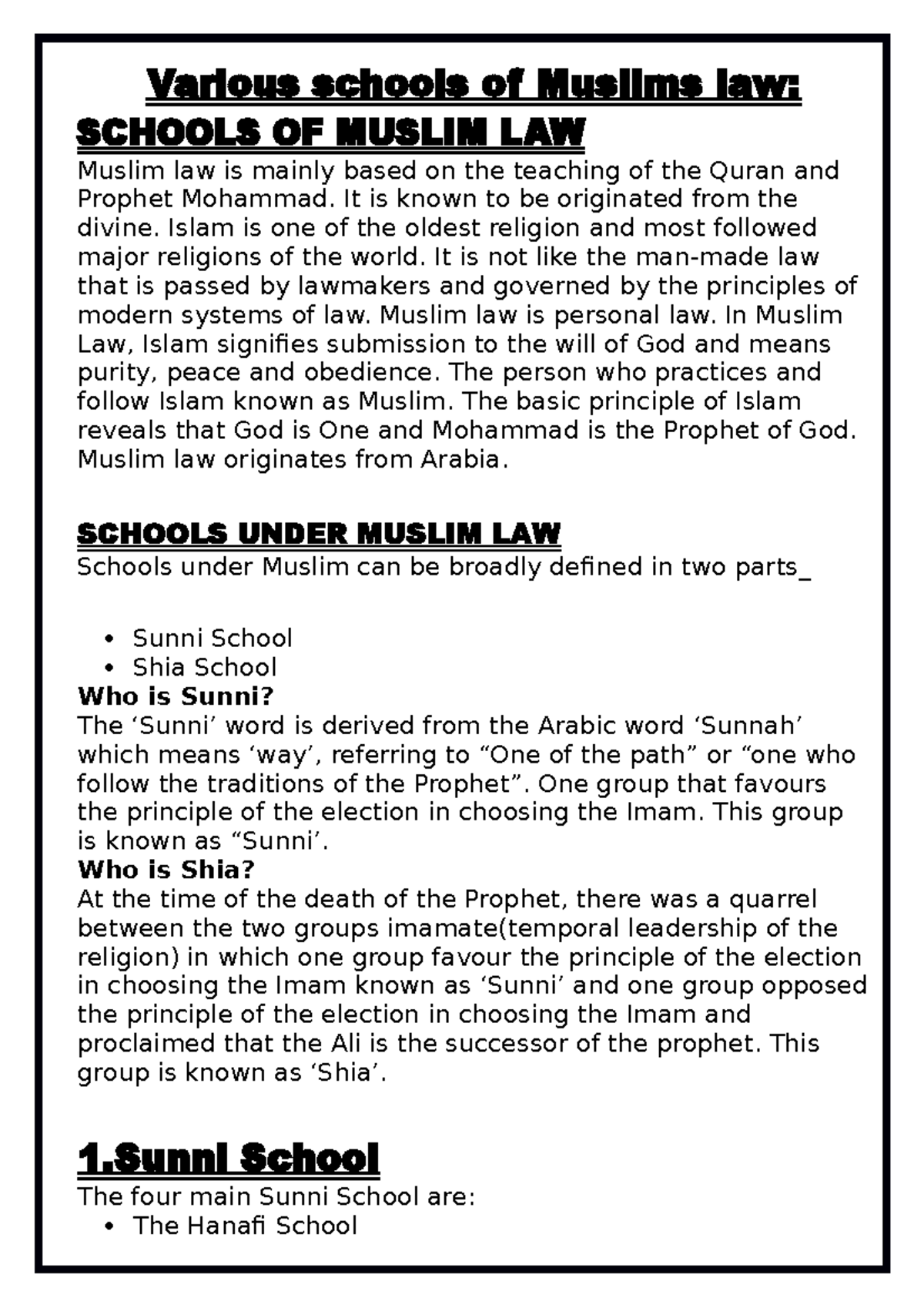 Understanding the Various Schools of Muslim Law: Sunni and Shia - Studocu