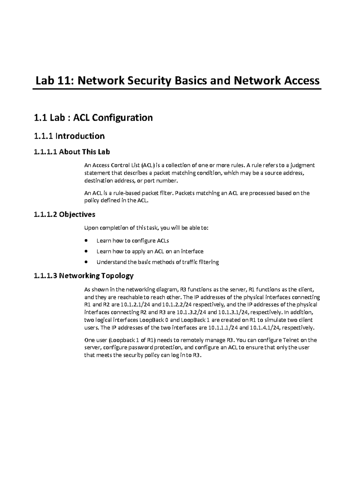 Lab 11: ACL Configuration for Network Security Basics - Studocu