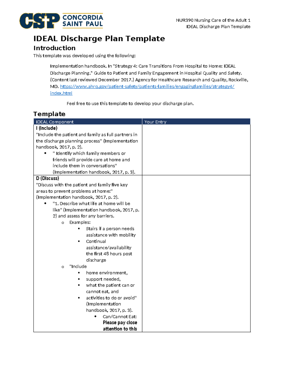 NUR390 Ideal Discharge Plan Template - IDEAL Discharge Plan Template ...