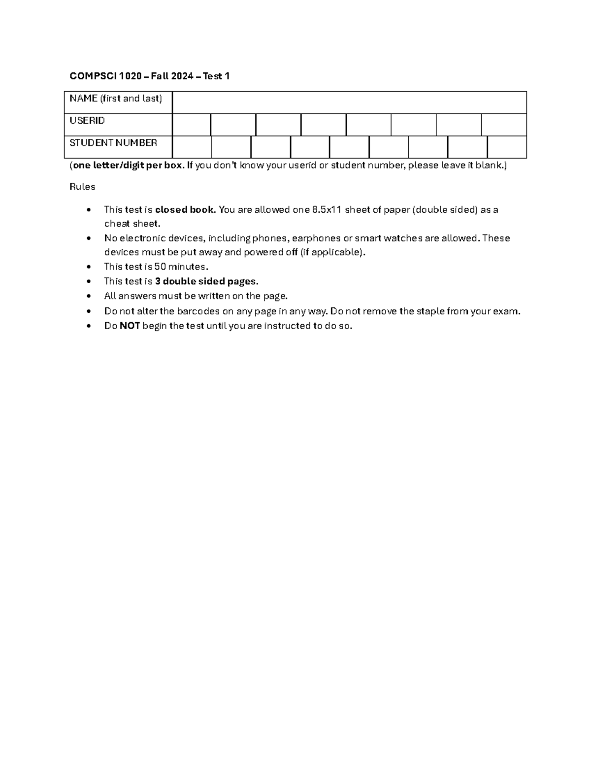 COMPSCI 1020 Fall 2024 Test 1 Guidelines and Questions - Studocu