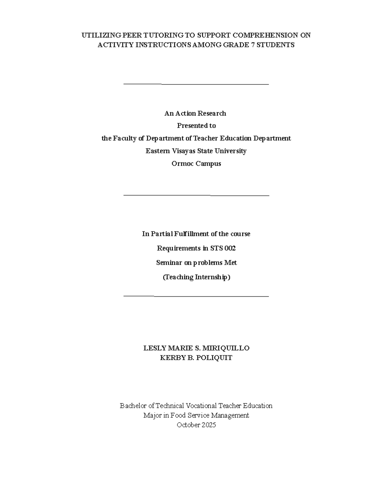 Utilizing Peer Tutoring to Enhance Comprehension in STS 002 Action ...