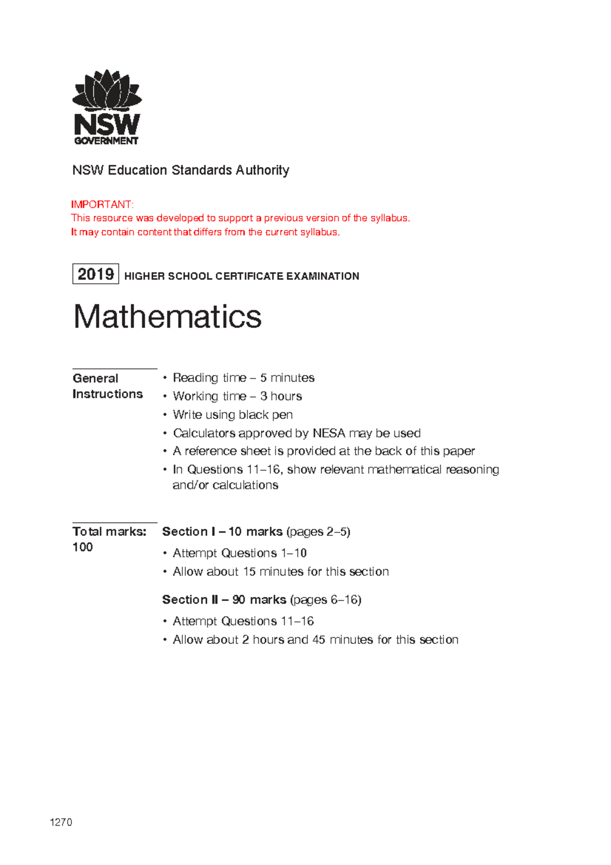 2019 HSC Mathematics Exam Paper - General Instructions & Questions ...