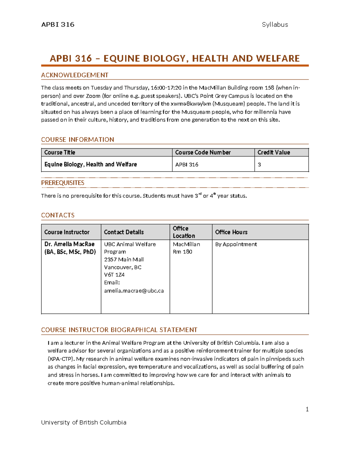 APBI 316 Syllabus: Equine Biology, Health & Welfare 2024 - Studocu