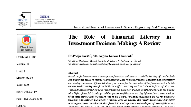 The Role of Financial Literacy in Investment Decisions: A Review ...