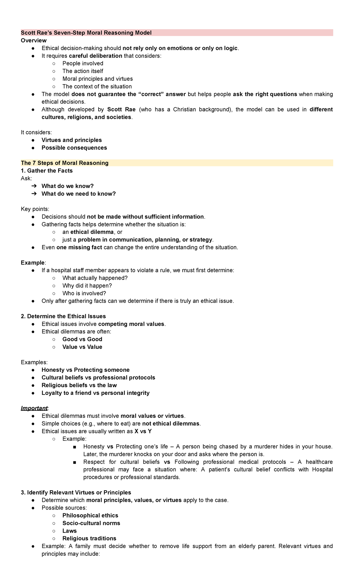Scott Rae's 7-Step Moral Reasoning Model Overview - Studocu