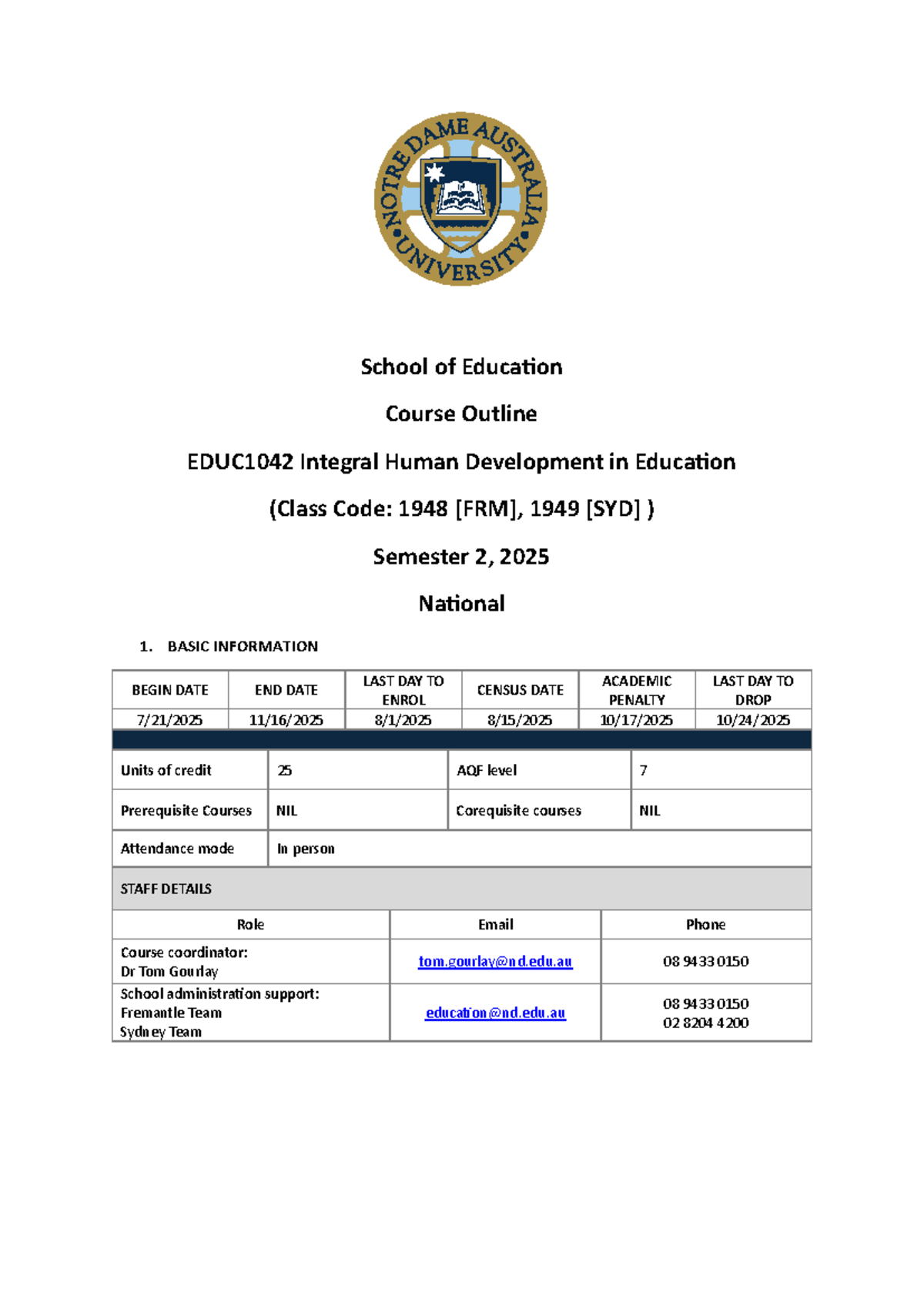 EDUC1042 Course Outline: Integral Human Development (Sem 2, 2025) - Studocu