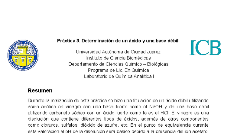 Práctica 3: Determinación de Ácido y Base Débil en Química Analítica I ...