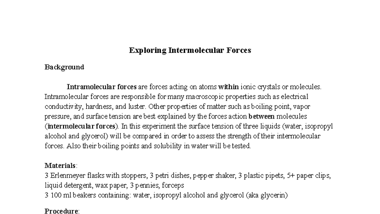 Intermolecular Forces Experiment: Comparing Water, Alcohol & Glycerol ...