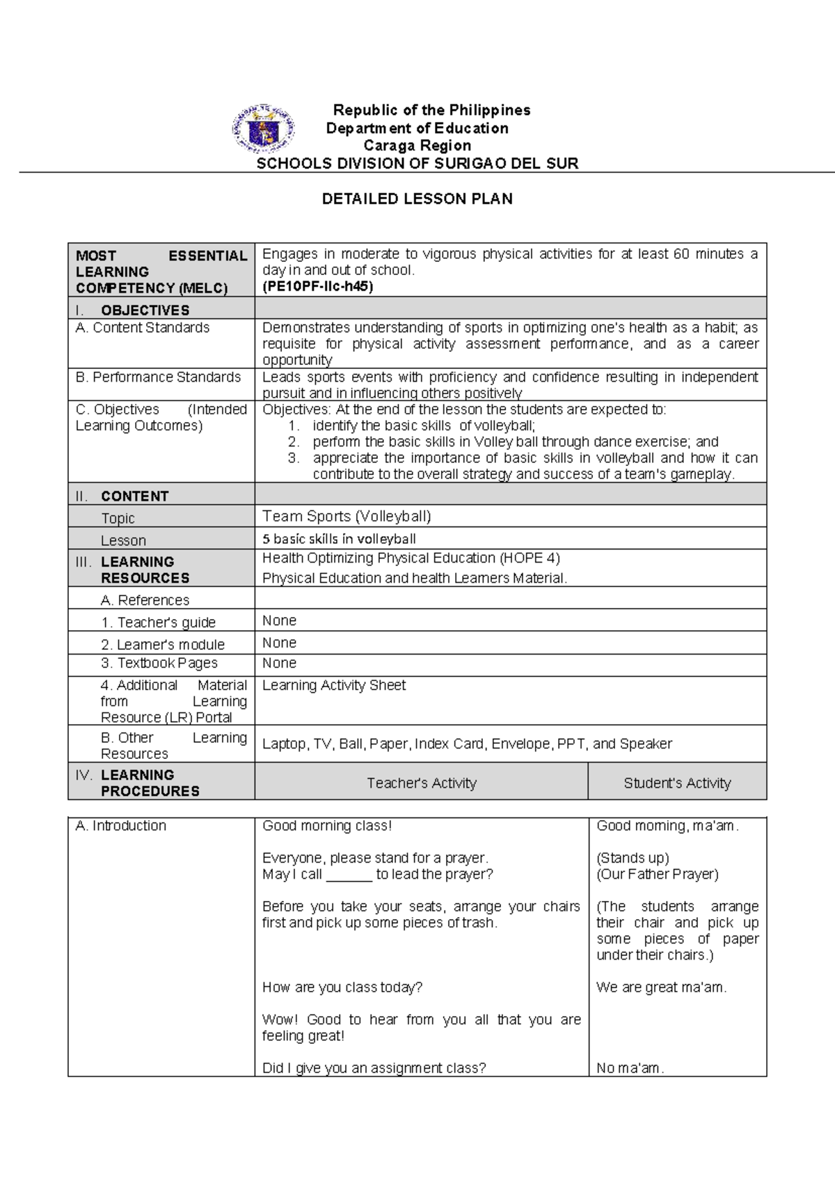 HOPE 4 Detailed Lesson Plan: Volleyball Skills and Activities - Studocu