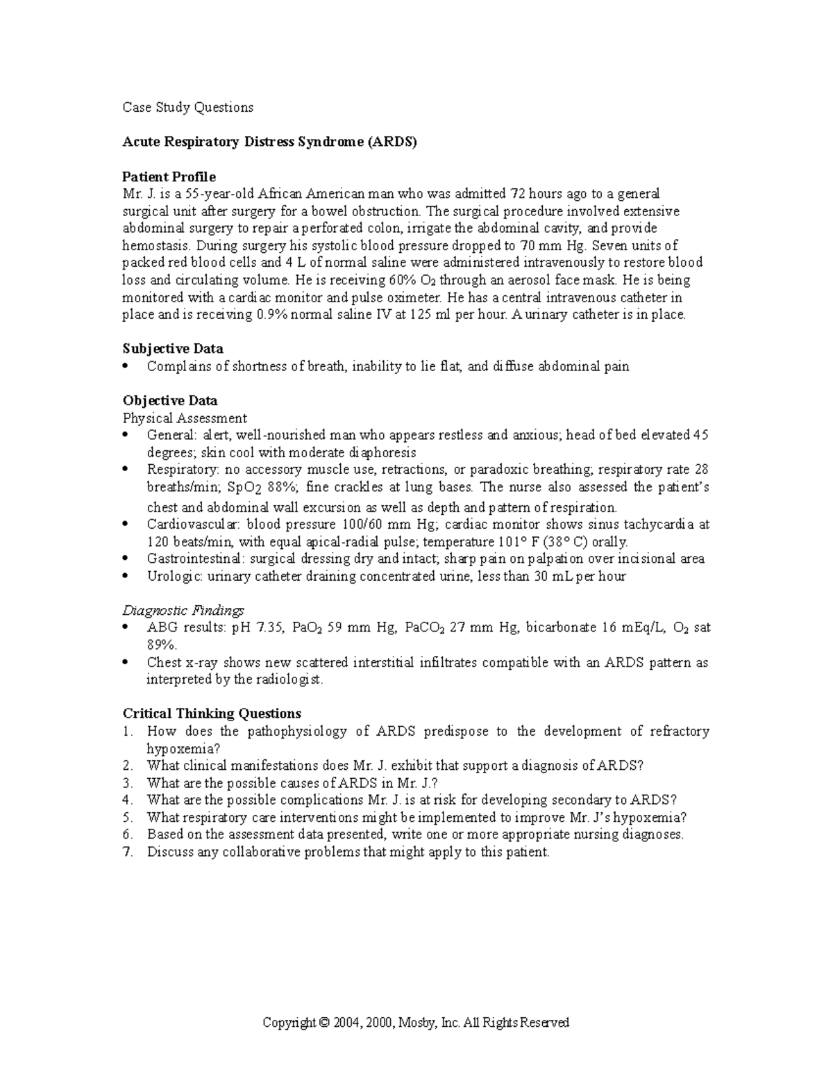 Case Study Questions ARDS - Case Study Questions Acute Respiratory ...