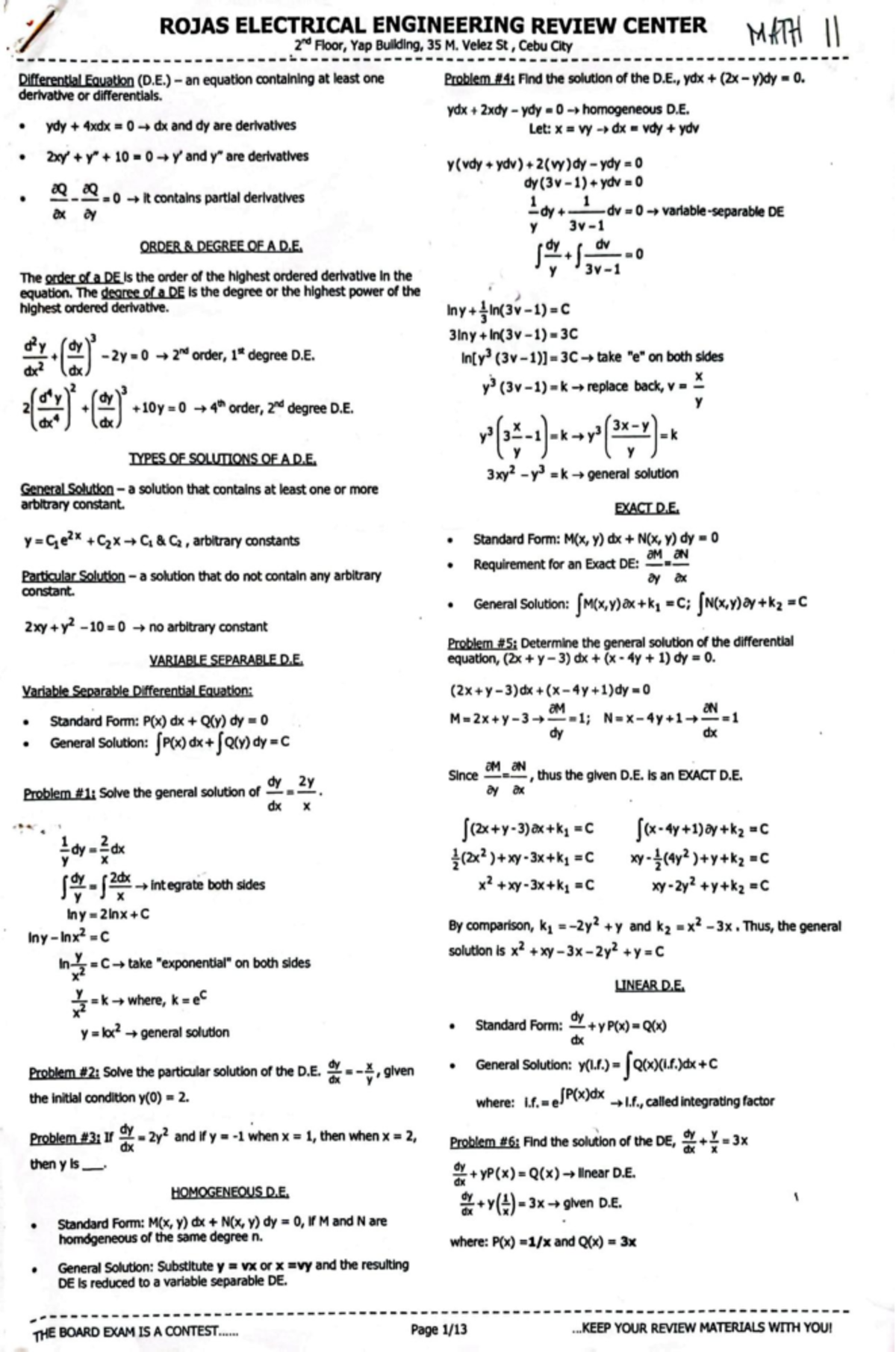 Differential Equations (D.E) Review Notes for Engineering Students ...