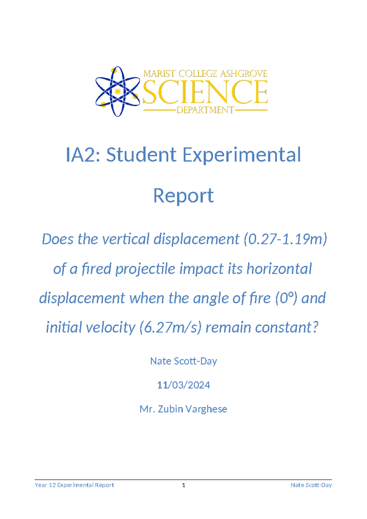 Physics IA2 Student Experiment: Analyzing Projectile Motion ...