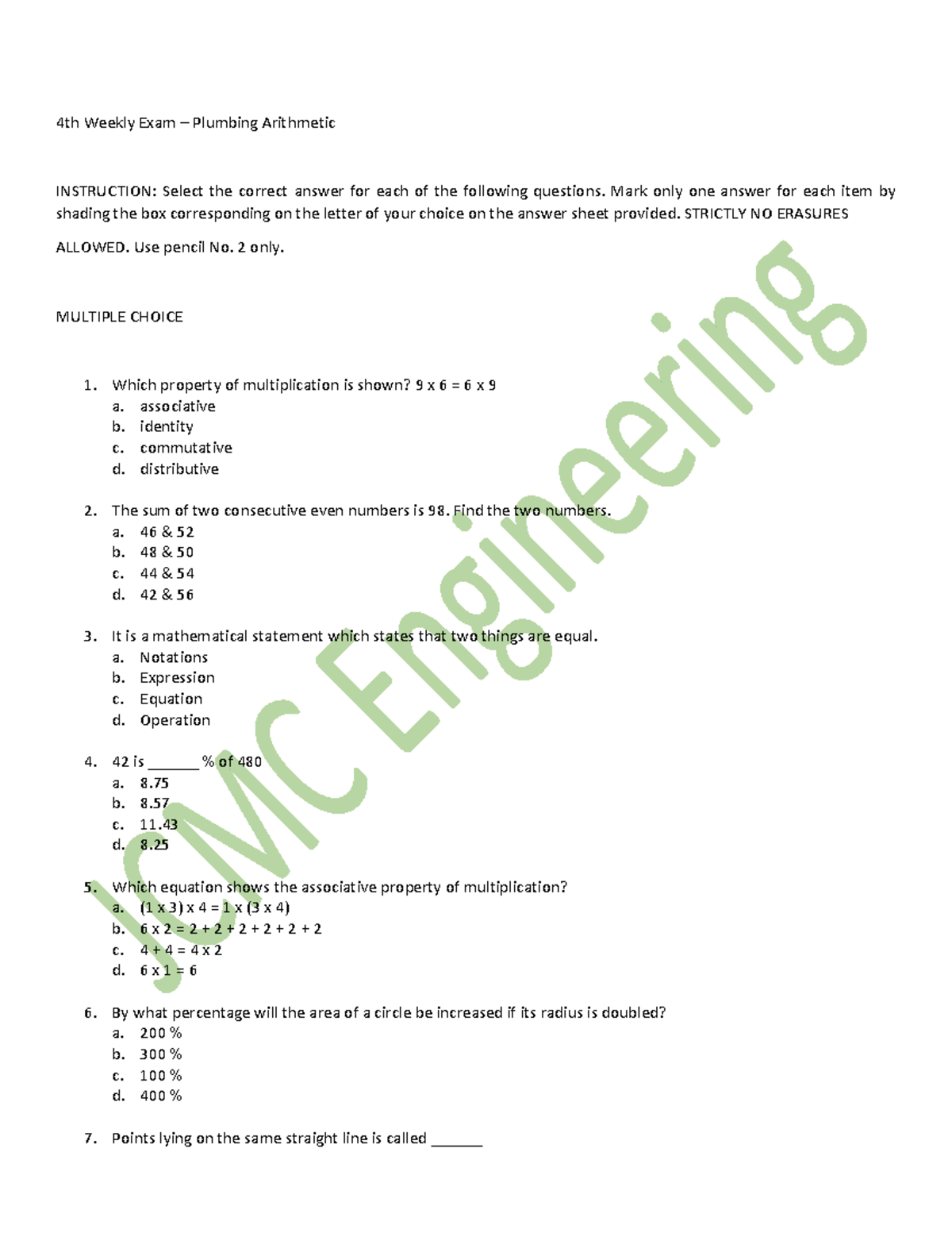 4th Weekly Exam - Plumbing Arithmetic Practice Questions - Studocu