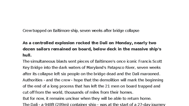 Baltimore Ship Crew Trapped: Update on Dali Incident - Studocu