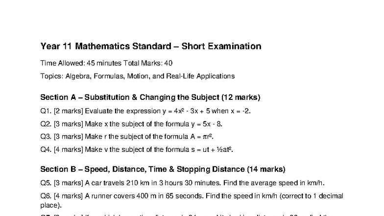 Year 11 Mathematics Standard Short Exam: Key Topics & Questions - Studocu
