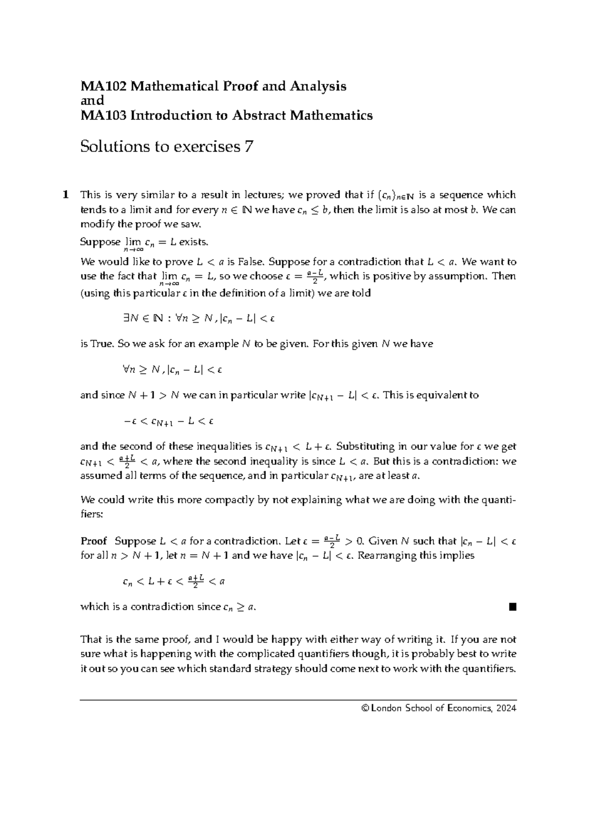 MA102 & MA103 Solutions to Exercises 7 - Mathematical Proofs Analysis ...