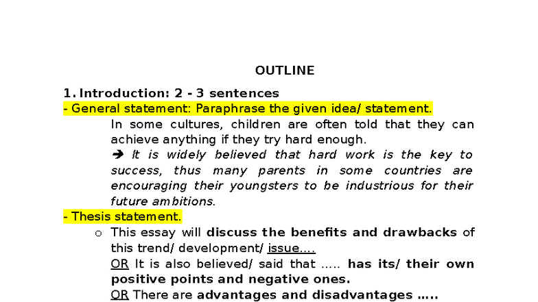 Khong- Outweigh - Essay Outline on Benefits and Drawbacks - Studocu