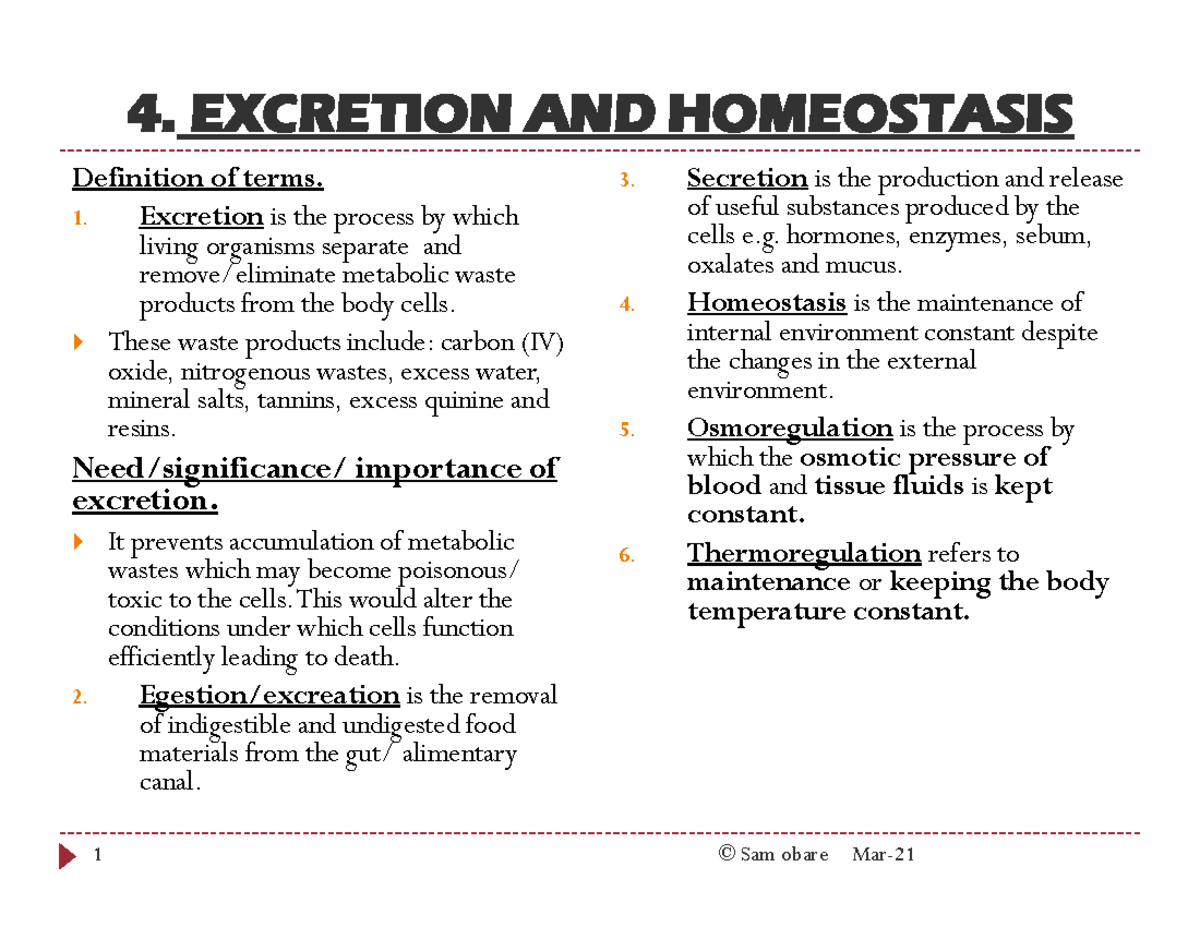 Excretion AND Homeostasis - 4. EXCRETION AND HOMEOSTASIS Definition of ...
