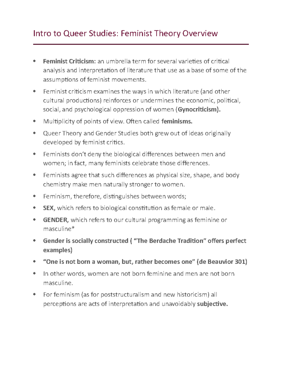 Intro to Queer Studies Feminist Theory Overview - Feminist criticism ...