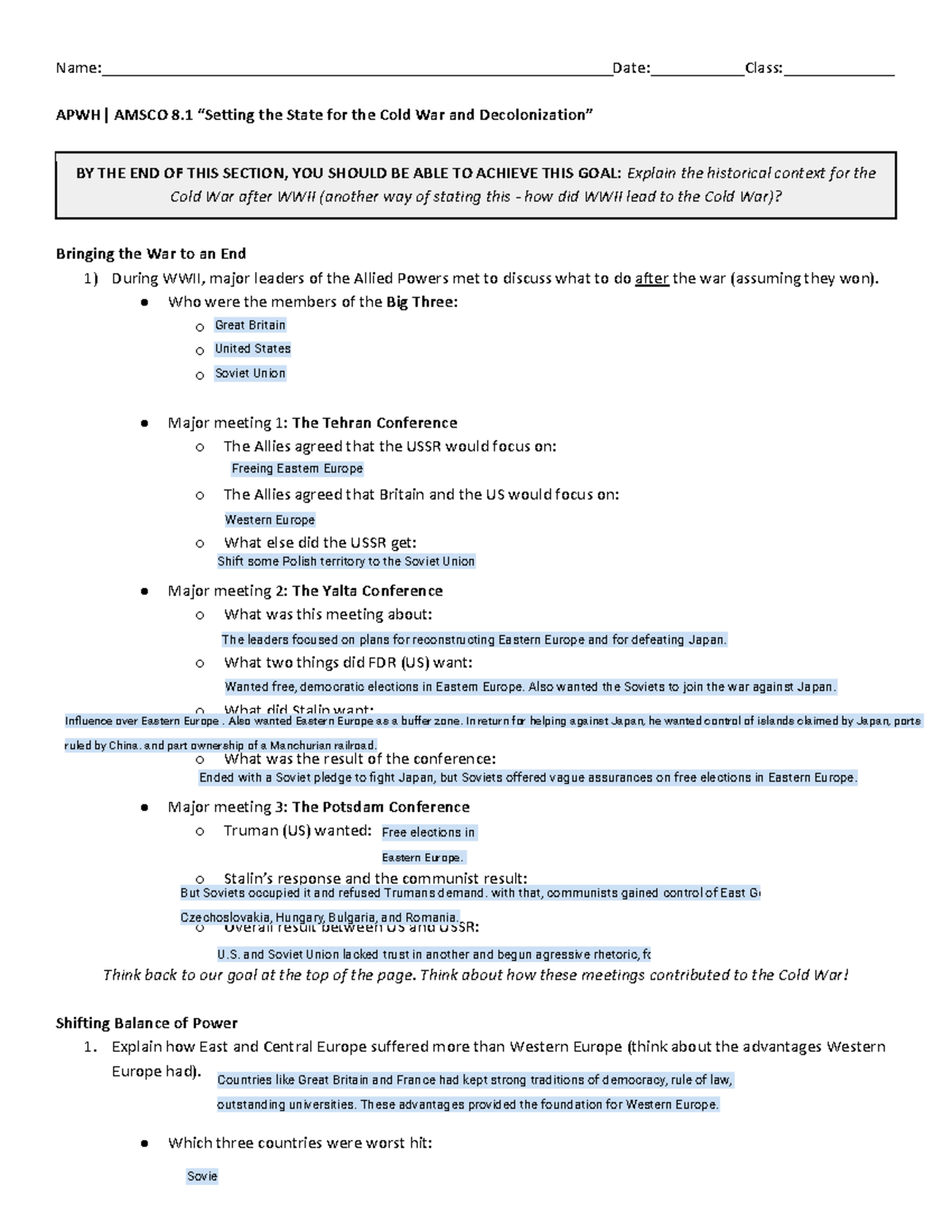 AMSCO 8.1 Reading Outline: The Cold War's Historical Context and Impact ...