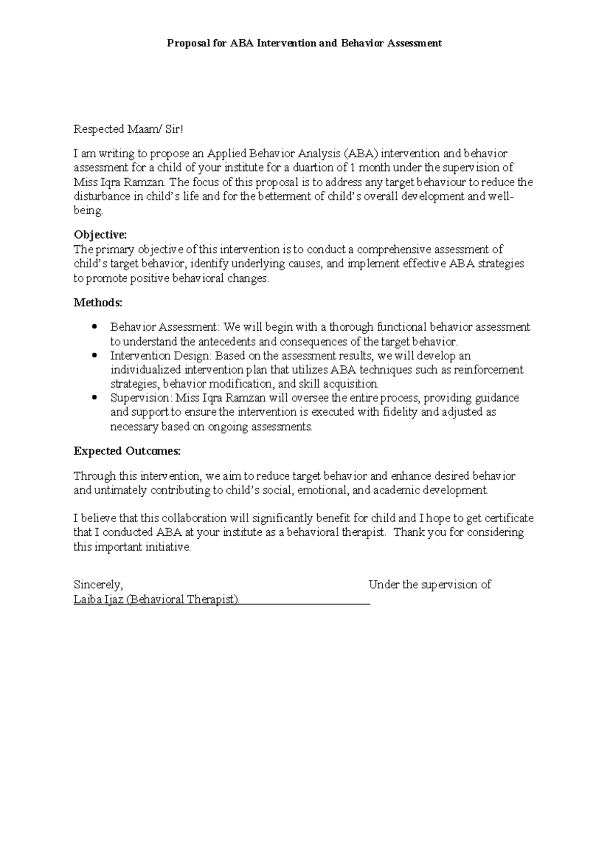 Proposal for ABA Intervention & Behavior Assessment (Clinical Psy ...