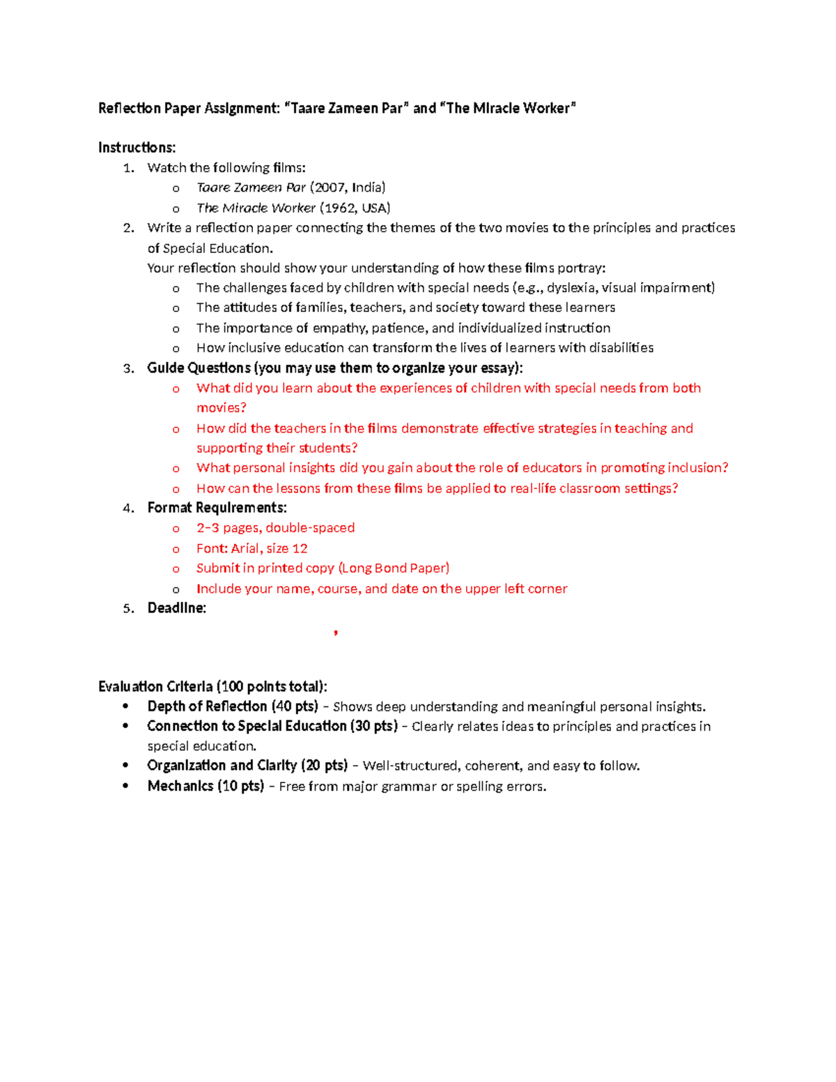 Reflection Paper Assignment: Zameen & Miracle in Special Ed - Studocu