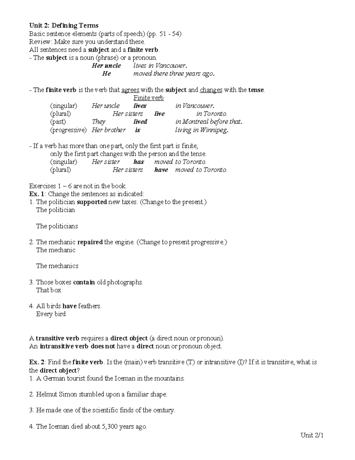 Unit 2: Defining Terms Summary on Sentence Elements and Parts of Speech ...