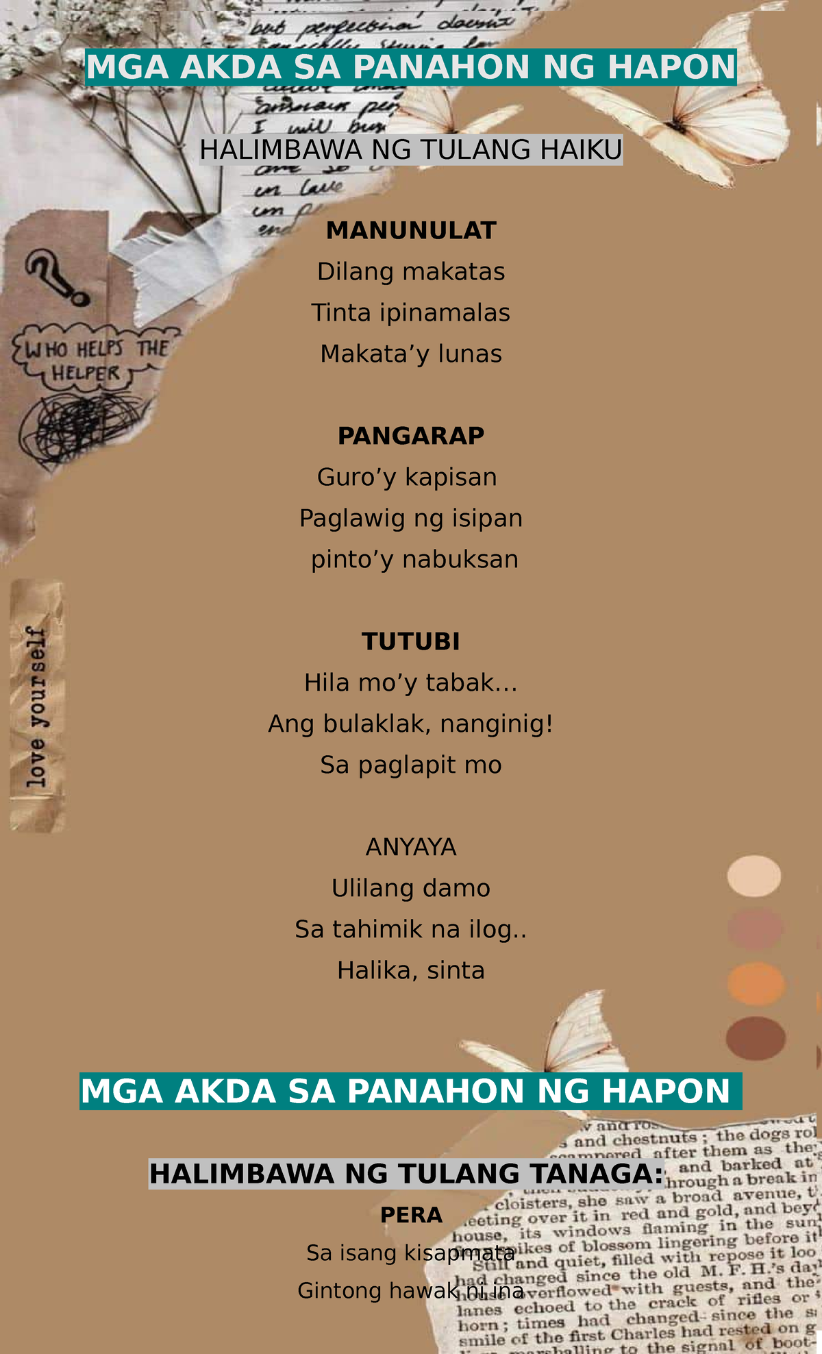 MGA AKDA SA PANAHON NG HAPON: Halimbawa ng Tula at Kwento - Studocu