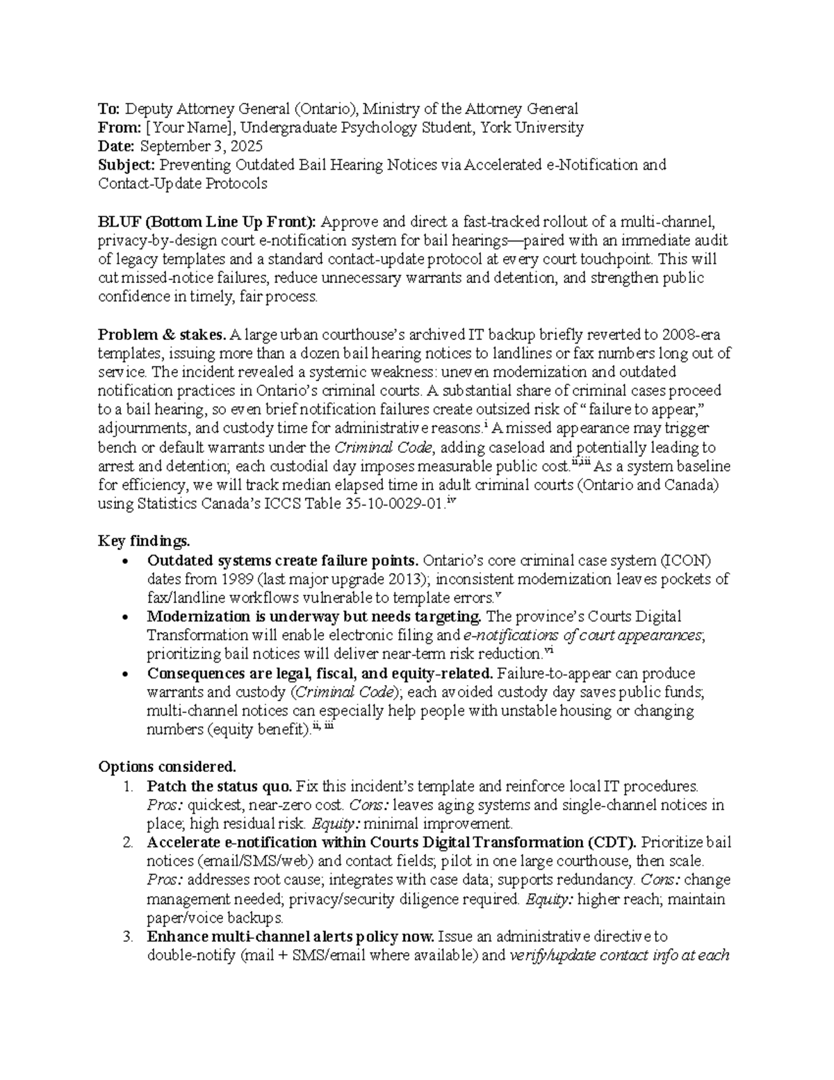 PSYC3310 Capstone Policy Letter: Modernizing Bail Hearing Notices - Studocu