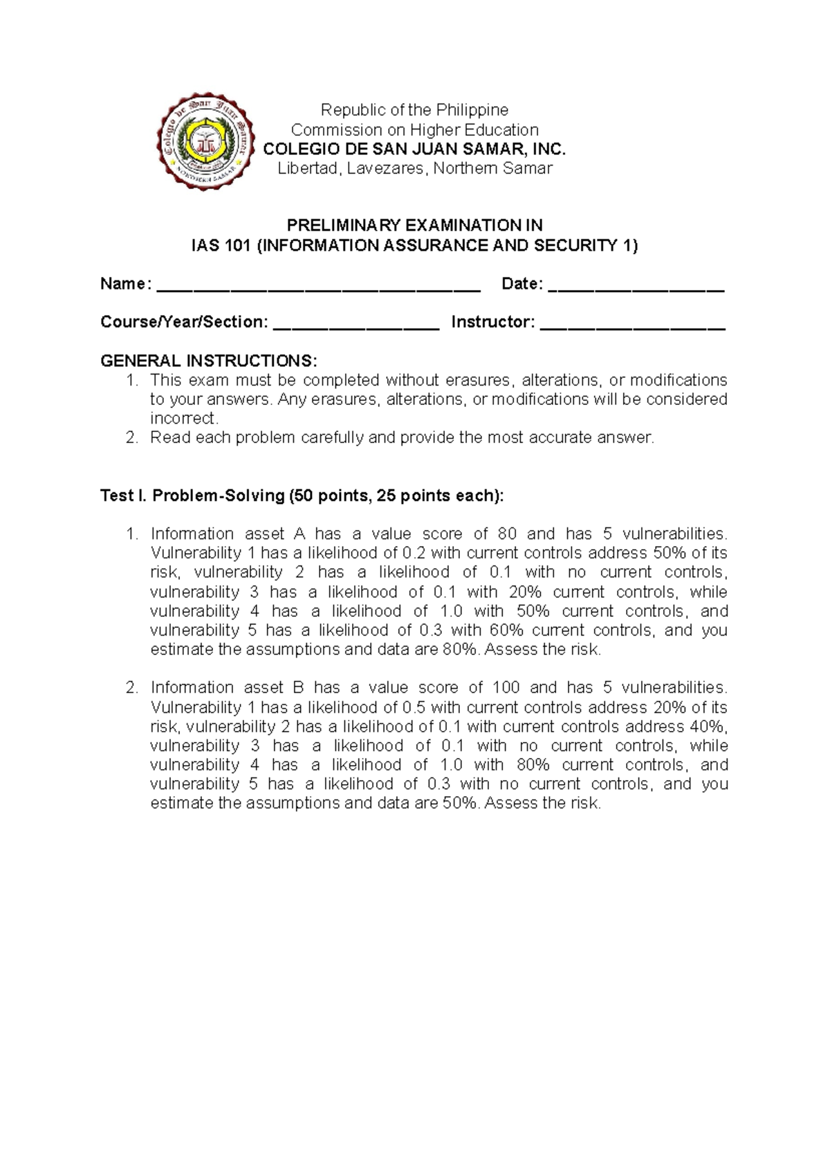 Preliminary Exam IAS 101: Information Assurance & Security 1 Answers Key - Studocu