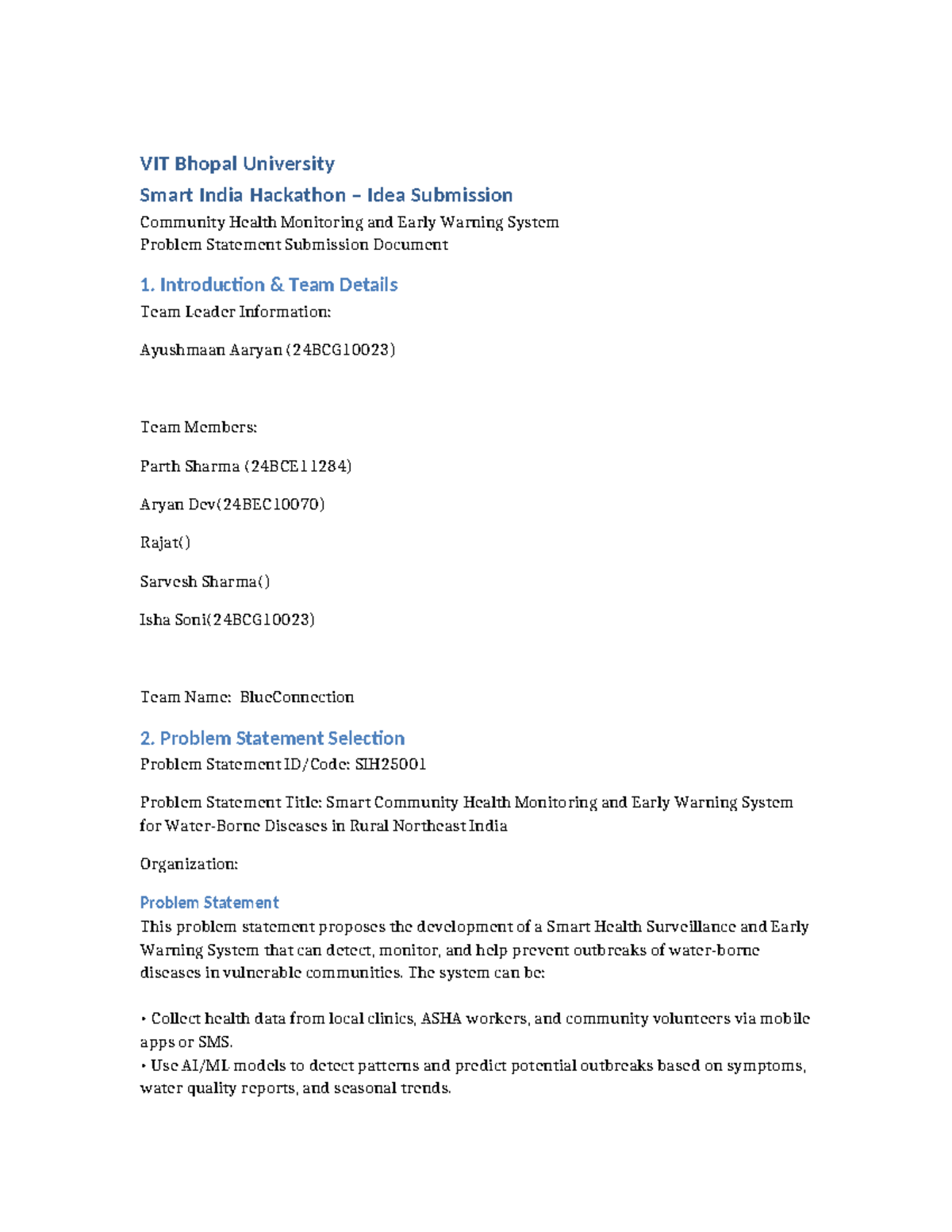 SIH25001: Smart Community Health Monitoring System Submission Document - Studocu