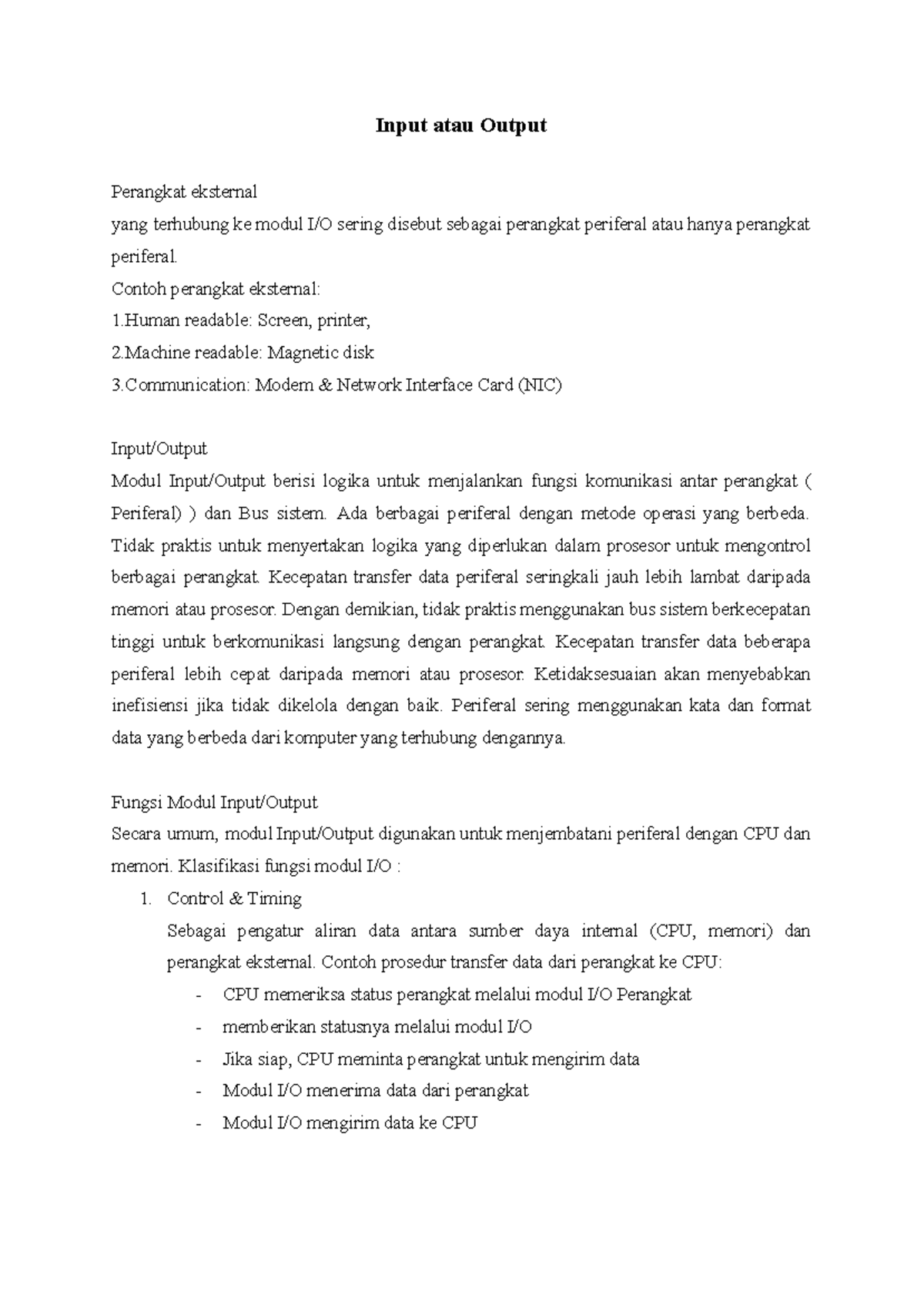 Modul I/O: Fungsi, Teknik Operasi, dan Manajemen Perangkat - Studocu