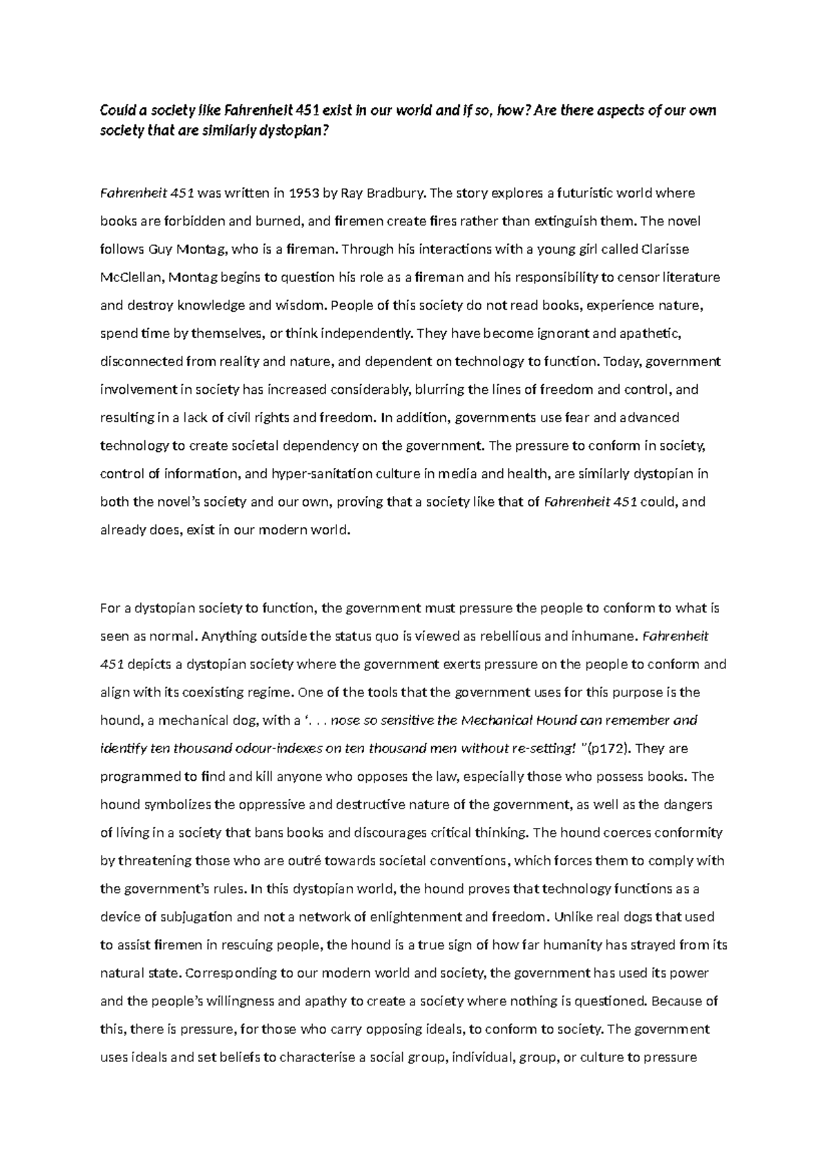 Fahrenheit 451 - Dystopian Society Analysis Essay - Studocu