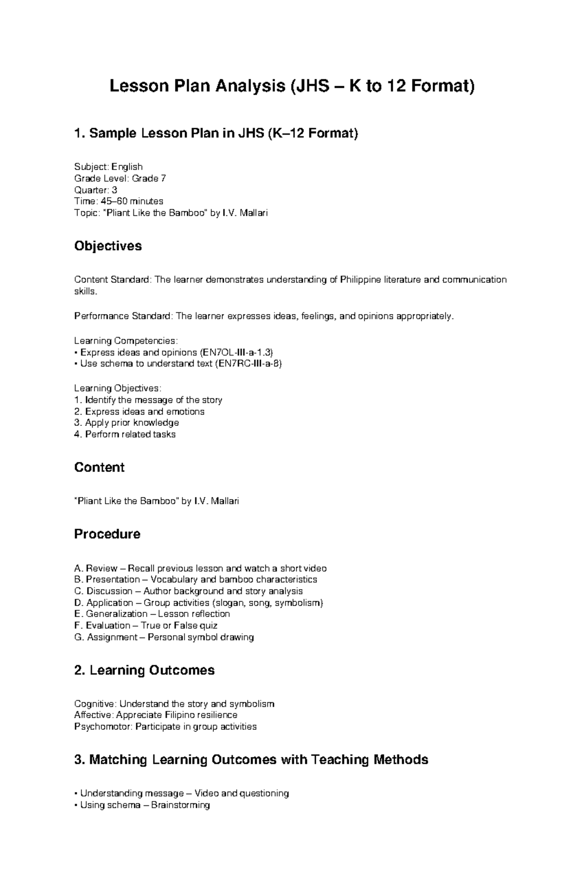JHS Lesson Plan Analysis: English Grade 7 (Quarter 3) - Studocu