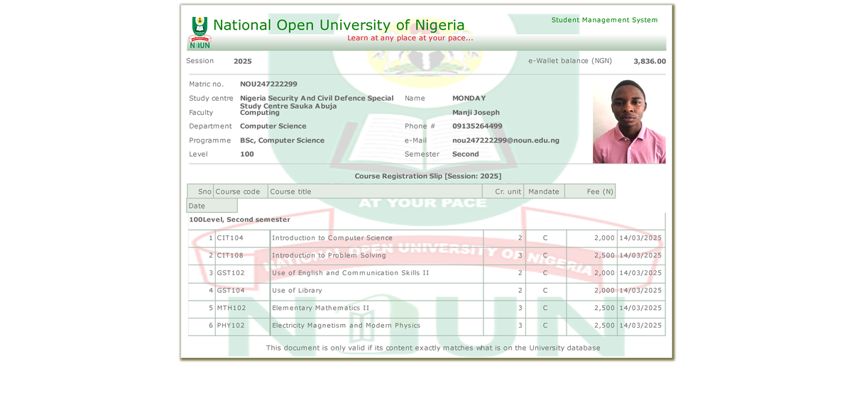 NOUN-my courses - course - Session 2025 e-Wallet balance (NGN) 3,836 ...