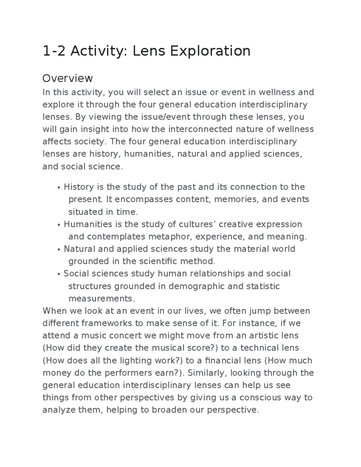 IDS 402 Module 1 Activity: Exploring Wellness through Four Lenses - Studocu