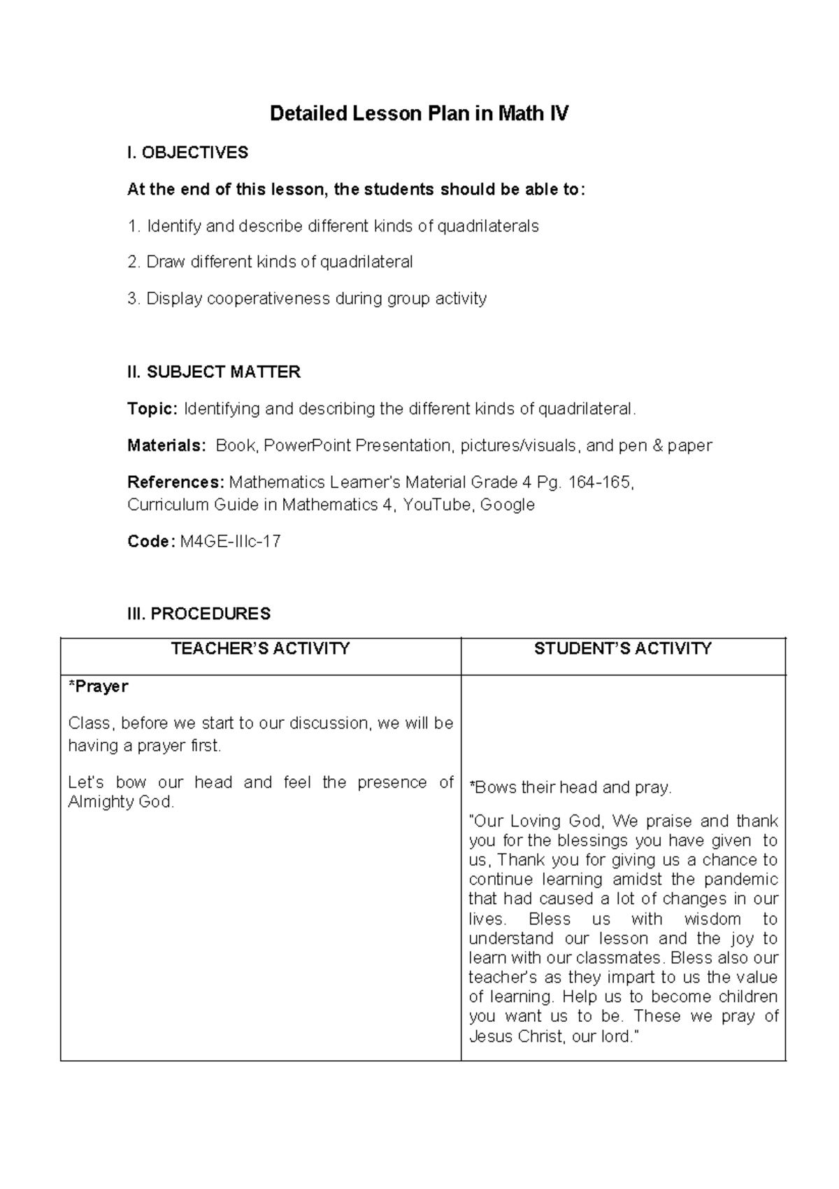 Math 4 Detailed Lesson Plan on Quadrilaterals (M4GE-IIIc) - Studocu