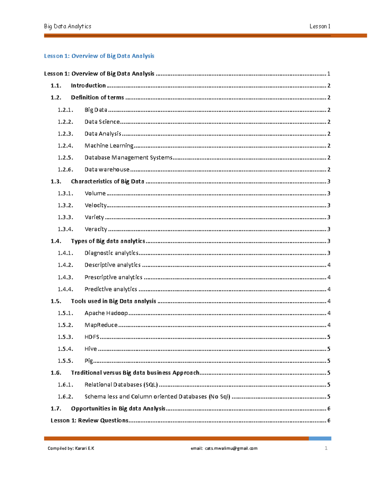 Big Data Analytics (Course Code: TBD) - Lesson 1 Overview - Studocu
