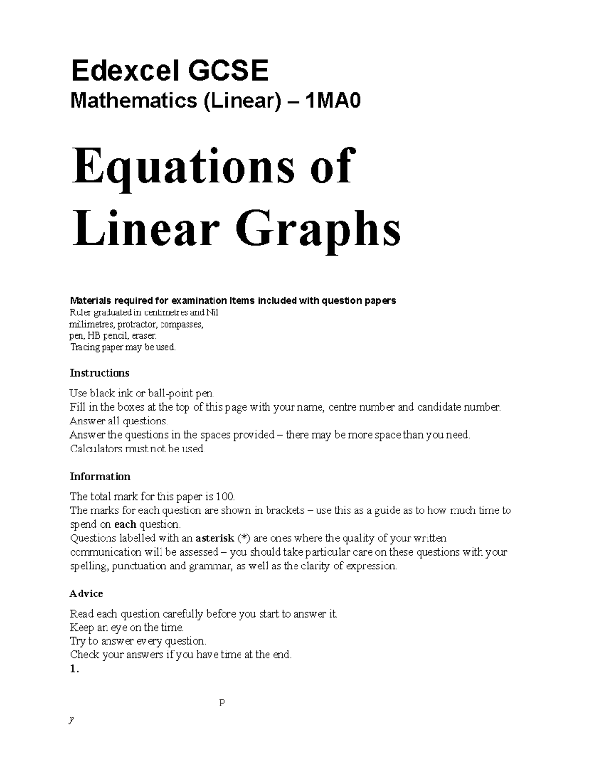 Edexcel GCSE Mathematics 1MA0: Equations of Linear Graphs Practice ...