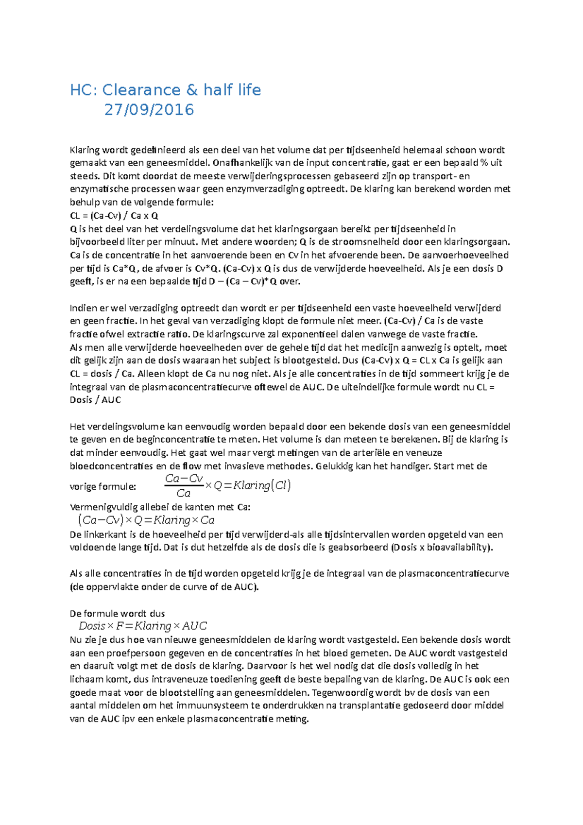 Farmacologie Jaar 2: HC over Klaring, Halveringstijd & Interacties ...