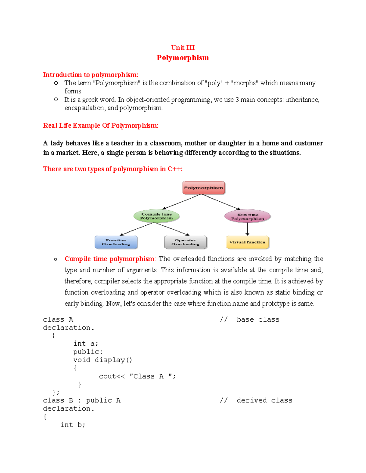 OOP UNIT 3 - Detailed Notes on Polymorphism in C++ - Studocu