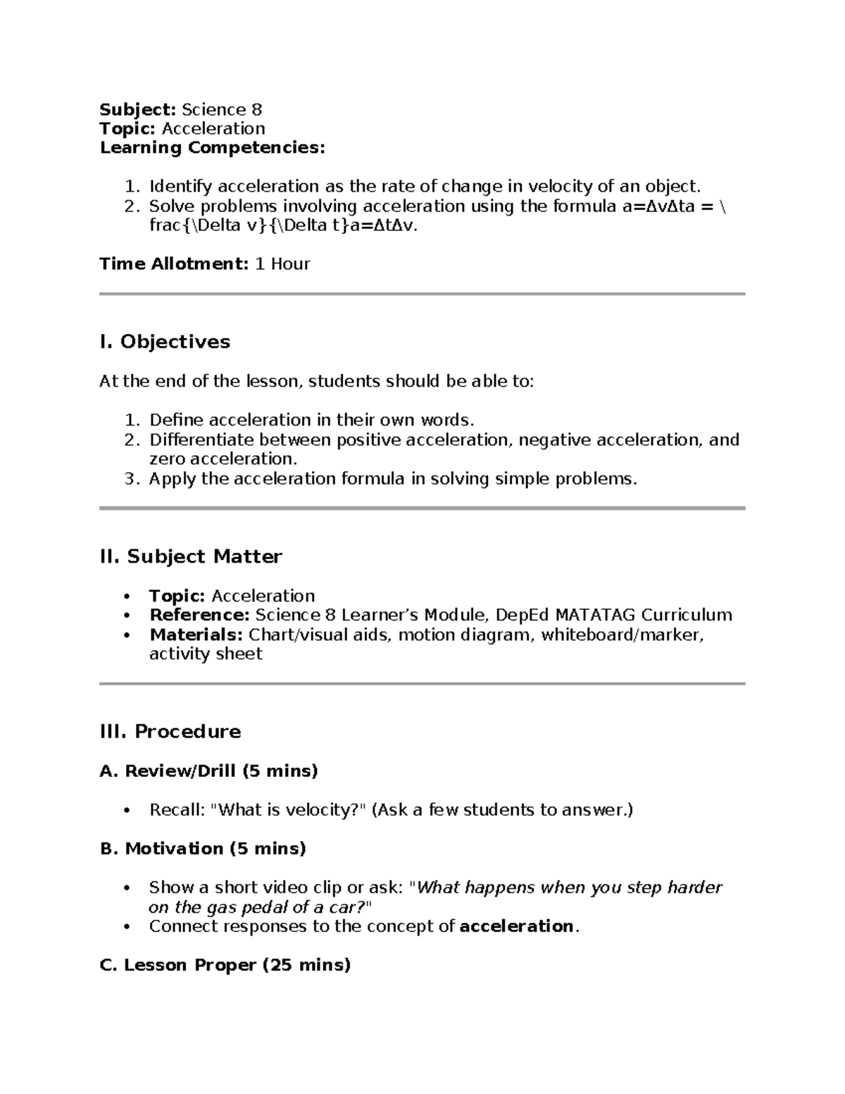 Science 8 Lesson Plan: Understanding Acceleration Concepts - Studocu