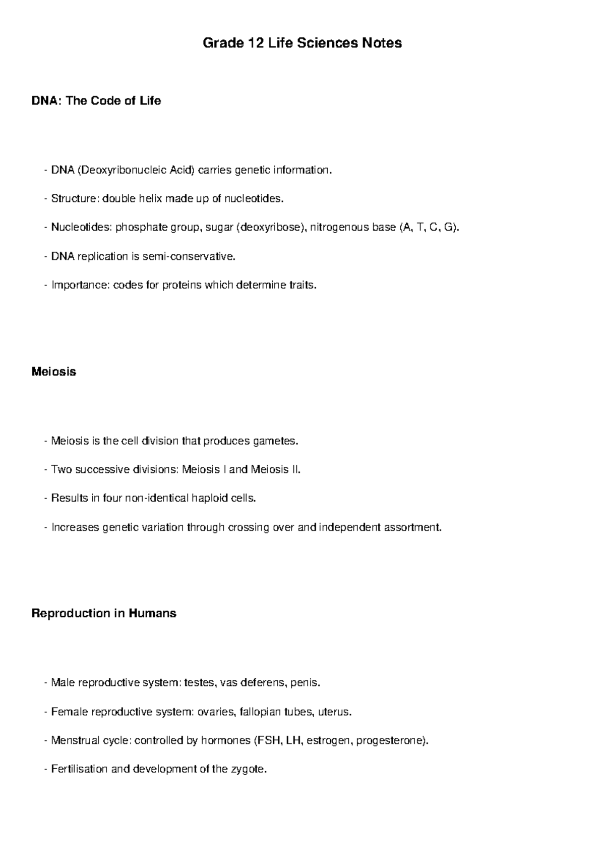 Grade 12 Life Sciences Notes: DNA, Meiosis, and Human Reproduction ...