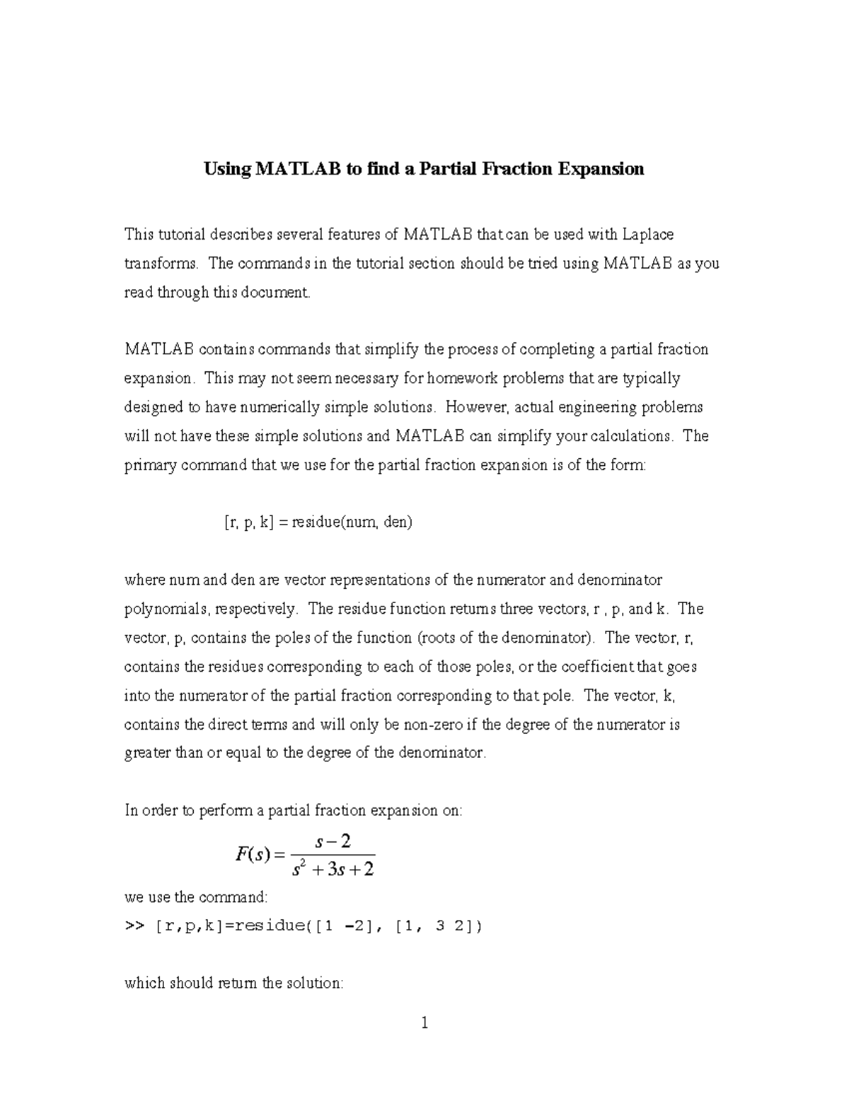 Tutorial 3 - MATLAB Techniques for Partial Fraction Expansion - Studocu