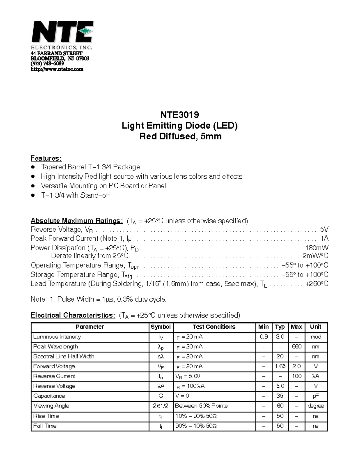 NTE3019 5mm Red LED Datasheet: Features & Electrical Specs - Studocu
