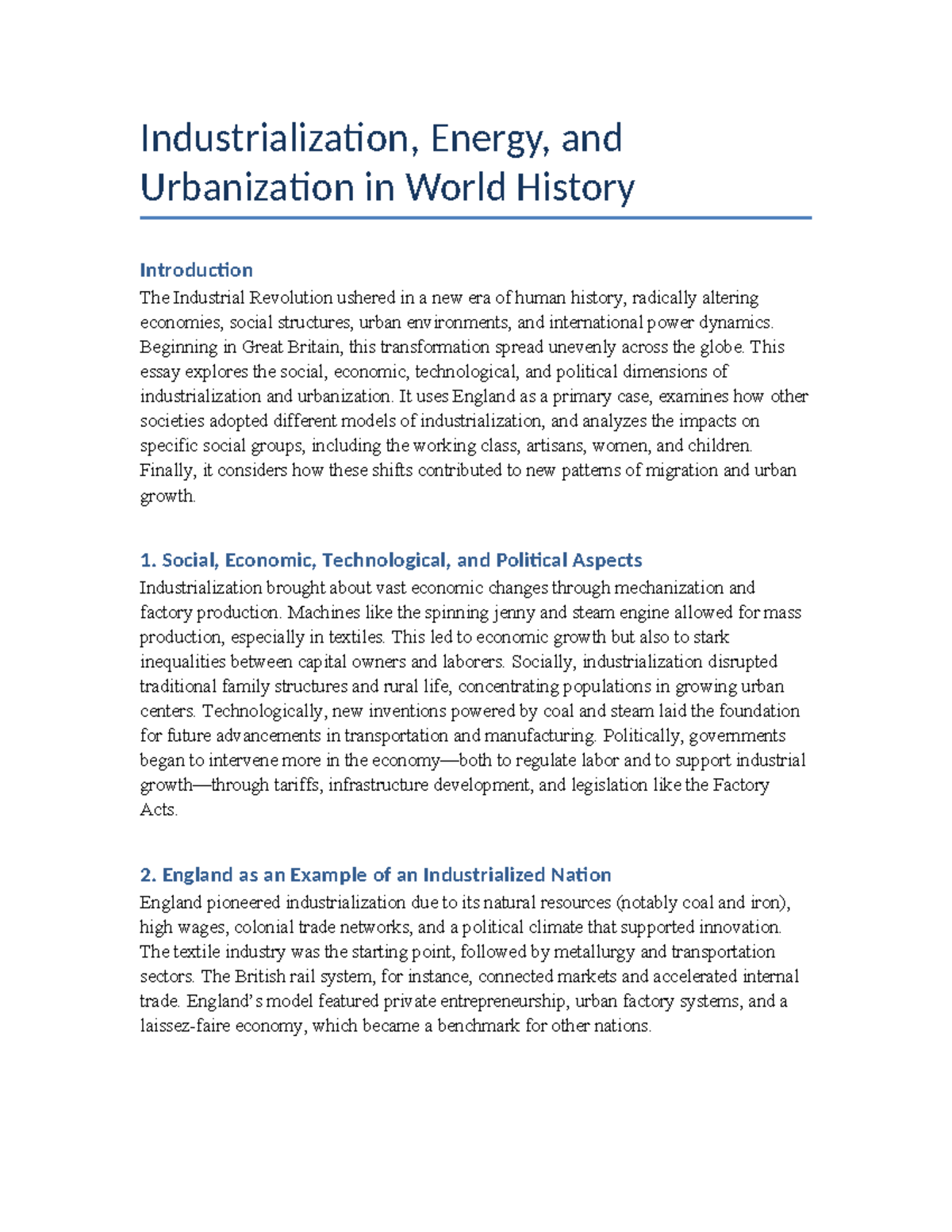 Industrialization and Urbanization: A Case Study of England - Studocu