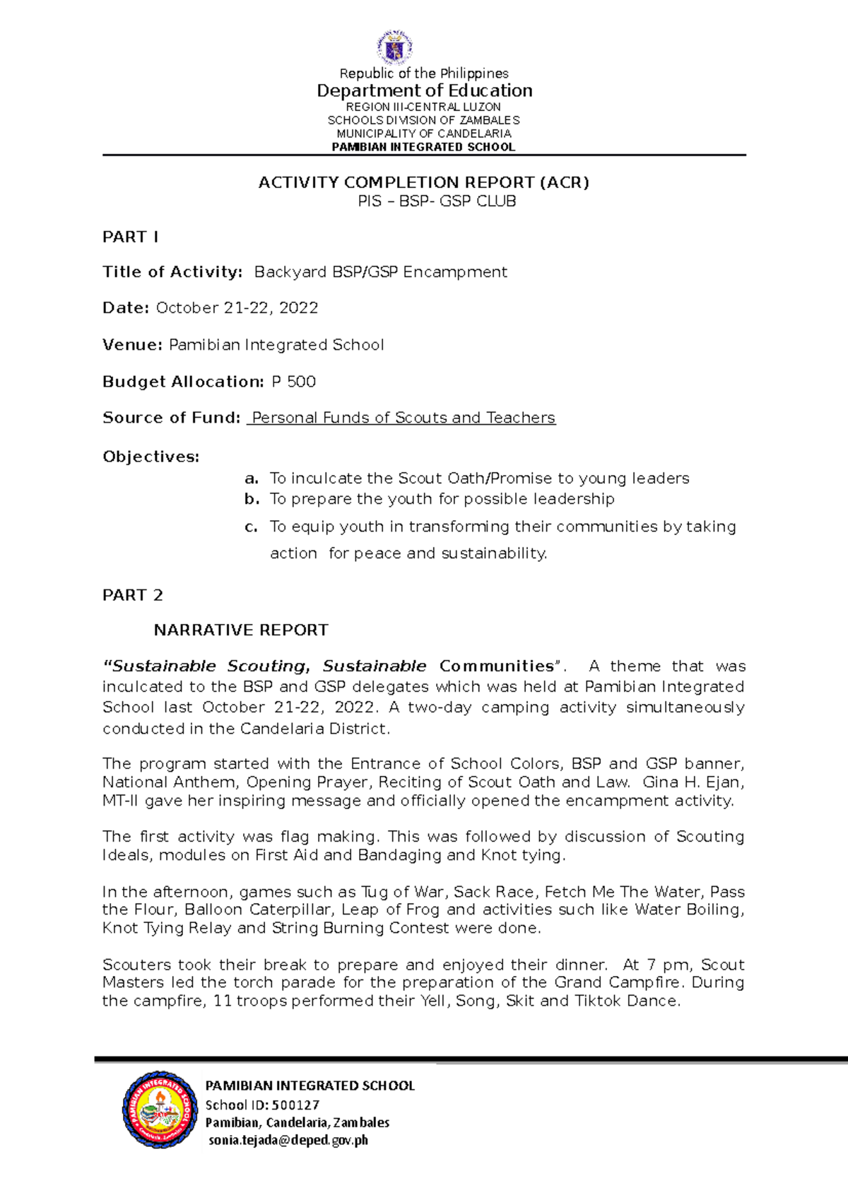 BSP/GSP Backyard Encampment Activity Report 2022 - Pamibian School - Studocu